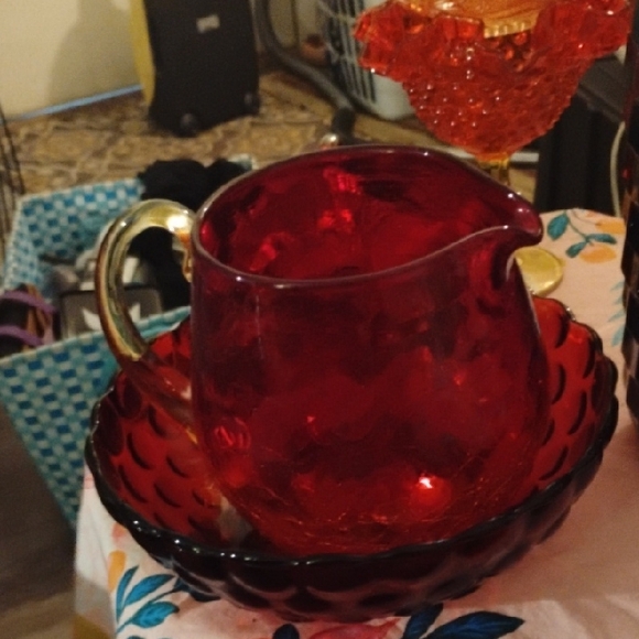 Art | Vibrant Red Glass Pitcher With Gold Handle | Poshmark